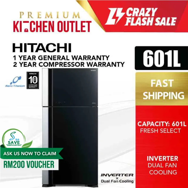 Hitachi 601L Refrigerator Big2 Glass Series 2 Door R-VG710P7M-1 GBK ...