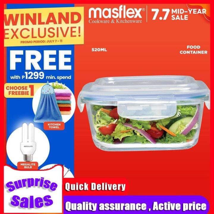 MASFLEX by Winland 520 ml Square Borosilicate Glass Food Container 100 ...