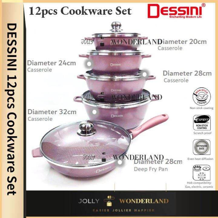 DESSINI 12pcs Cookware Set Non Stick Deep Fry Pan Steamer Pot | Lazada
