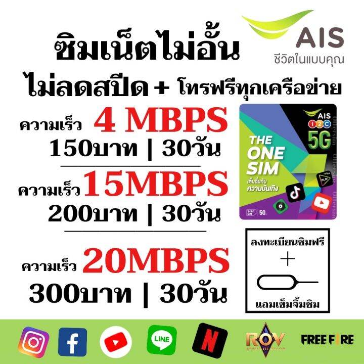 ซิมเทพ เอไอเอส AIS 💚 ความเร็ว 4Mbps (เดือน150฿), 15Mbps(เดือน200฿),20Mbps(เดือน300฿) เน็ตไม่อั้น ...