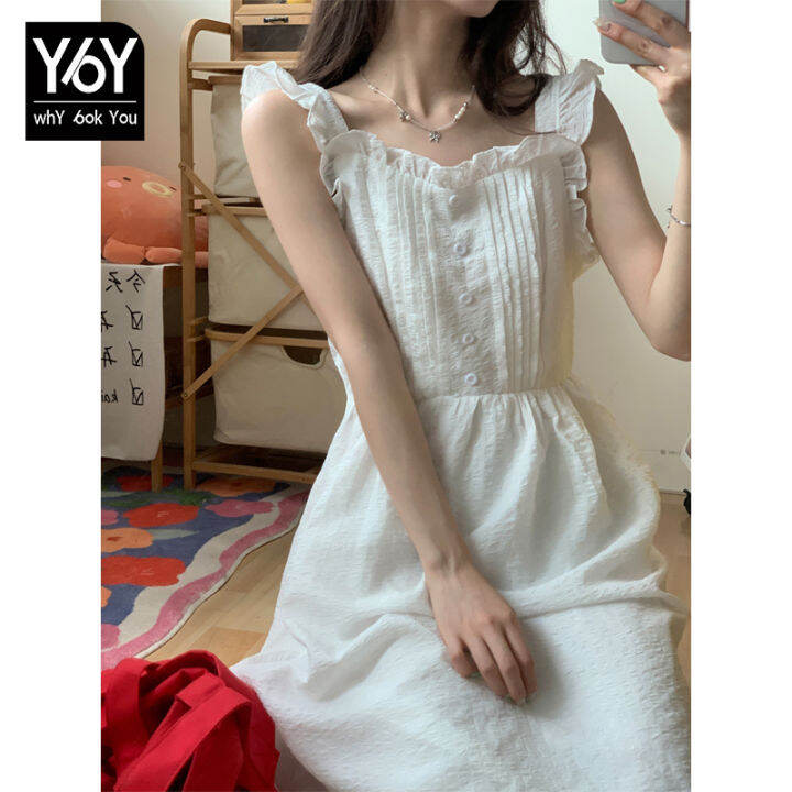 ชุดเดรส Y6Y สำหรับผู้หญิงในช่วงฤดูร้อนเอี๊ยมกระโปรงสีขาวบางหวานและ ...