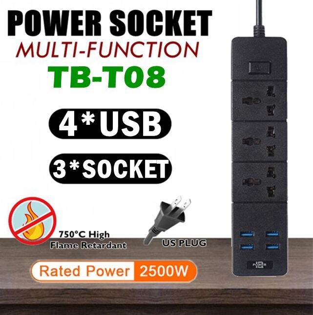 TB-T08 3 Universal Socket 4 USB Port Outlet Charger Heavy Duty Power Strip Extension with Switch ...