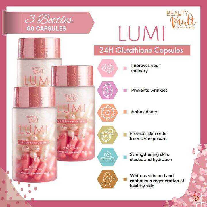 Original LUMI 24H Glutathione Capsules Skin Whitening by Beauty Vault 60 capsules ( 3 Bottles ...