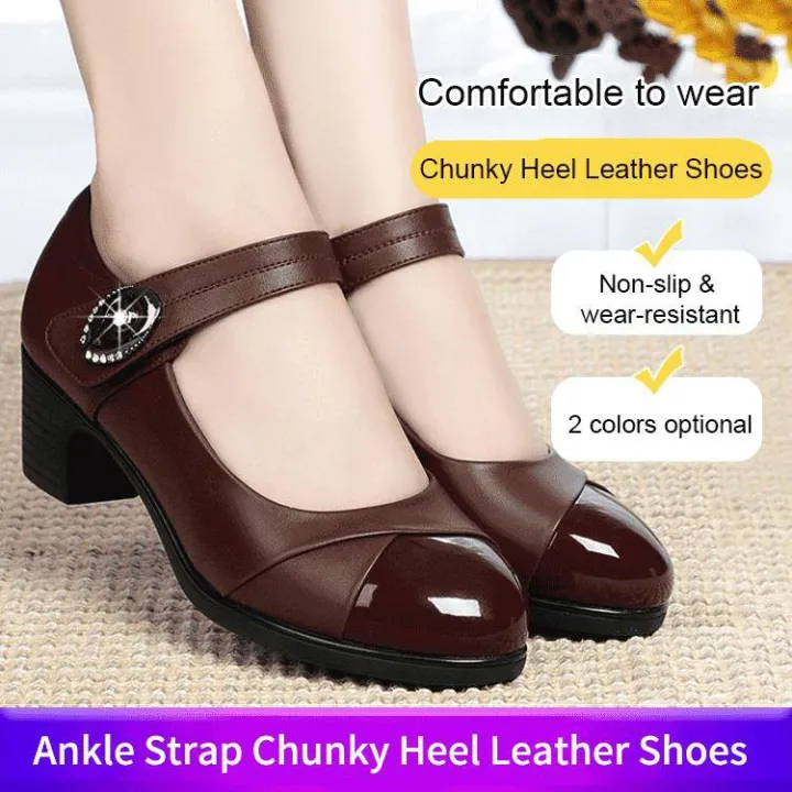 GORICH new middle-aged simple chunky heel medium heel leather shoes ...