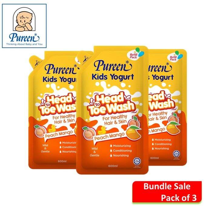 Pureen Kids Yogurt Head To Toe Wash Peach Mango 600ml x 3 Packs BUNDLE ...