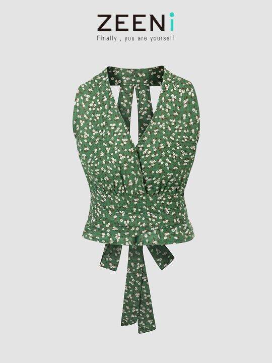 ZEENI เสื้อกล้ามคล้องคอลายดอกไม้สำหรับผู้หญิงวินเทจเข้ารูปพอดีเกาหลี ...