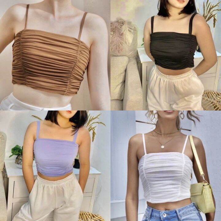 LULU Ruched Tops Spaghetti Crop Top Double Garter String Top Plain ...