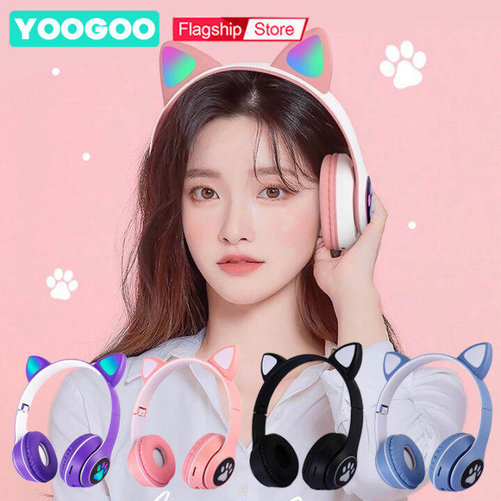 YOOGOO Headset Kucing LED TWS Bluetooth 5.0 Headphone Extra Bass ...