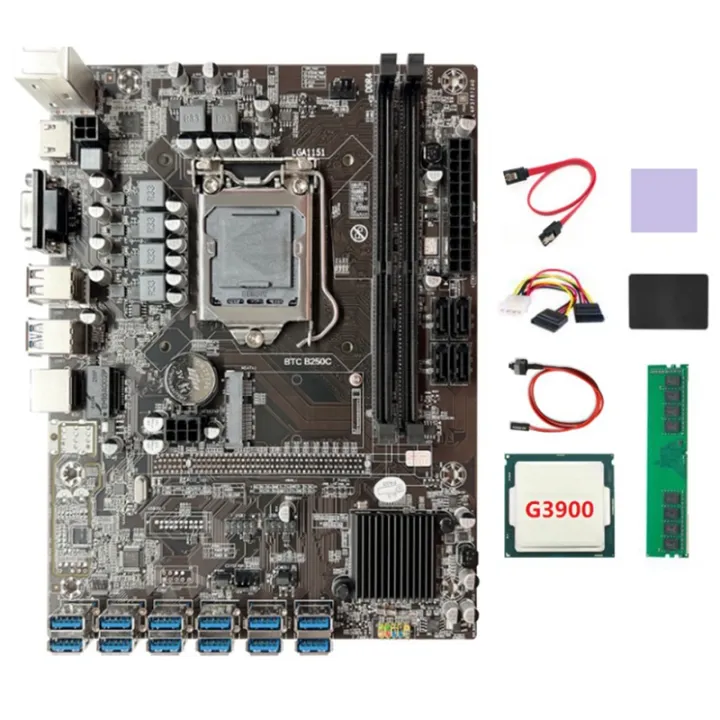 B250C BTC Mining Motherboard LGA1151 DDR4 8GB 2666Mhz RAM+G3900 CPU+4PIN to SATA Cable+SSD 128G ...