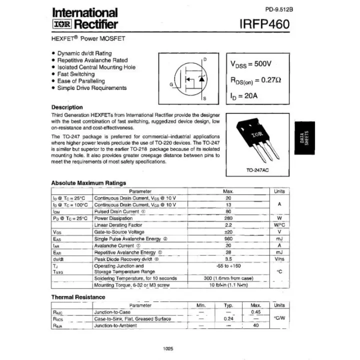 Irfp460 20A 500v แท้100% อินเวอร์เตอร์ inviter เครื่องขยายเสียง MOSFET N-Channel มอสเฟต inverter ...