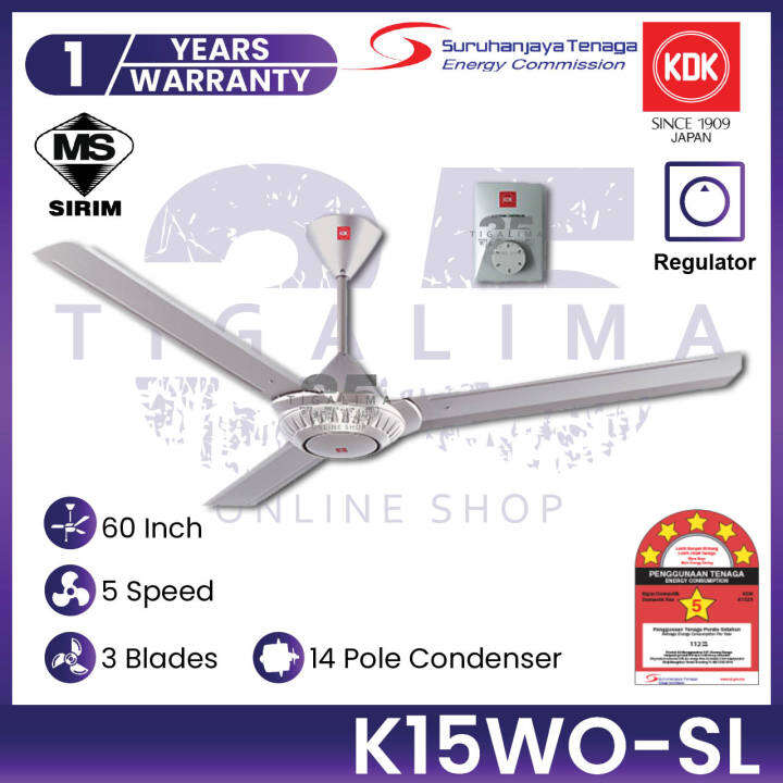KDK K15WO-SL 60Inch 3 Blades 5 Speed Silver Grey KDK Regulator Fan ...