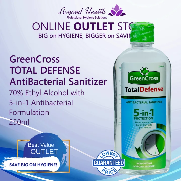 GreenCross Total Defense Antibacterial Sanitizer 70% Ethyl Alcohol with Moisturizers 250ML Green ...