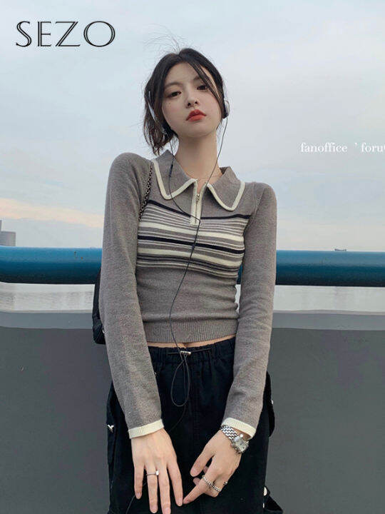 SEZO เสื้อโปโลเกาหลีซิปลายทางแขนยาวถักสำหรับผู้หญิง | Lazada.co.th