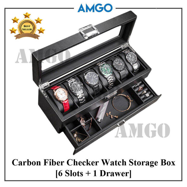 AMGO [6 Slots + 1 Drawer] Premium Quality Watch Case Carbon Fiber ...