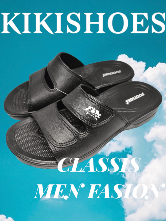 KiKi Shoes - รองเท้าแตะผู้ชาย รองเท้าแตะชาย แบบสวม สีดำล้วน สไตล์ ...