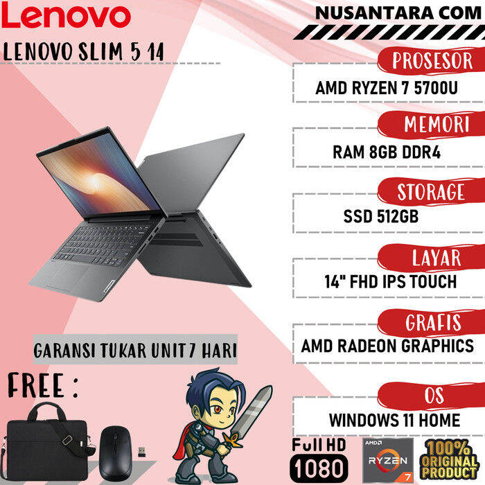 Sjp laptop LAPTOP LENOVO IDEAPAD SLIM 5 14 RYZEN 7 5700U 8GB 512GB FHD IPS TOUCH - UNIT+BONUS ...