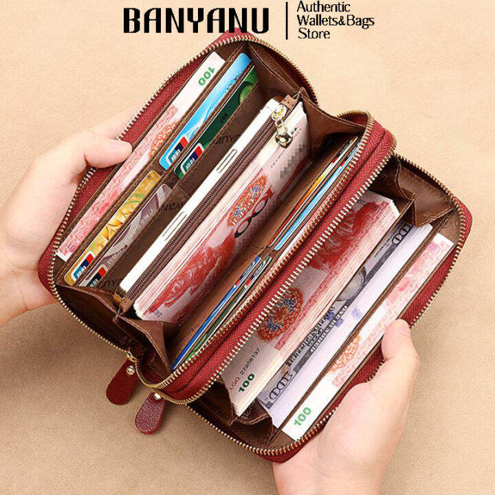 BANYANU ความจุขนาดใหญ่เดิมกระเป๋าสตางค์หนังแท้ผู้หญิงกระเป๋าซิปคู่เลดี้ ...