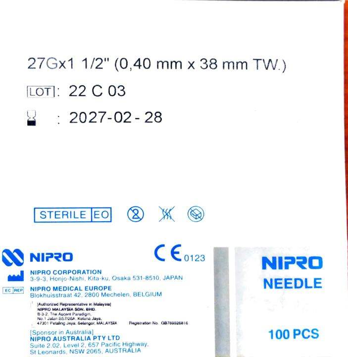 NIPRO NEEDLE 27G x 1 1/2 INCH - 100PCS/BOX 10 BOXES/PACK EXPIRY 2027 | Lazada