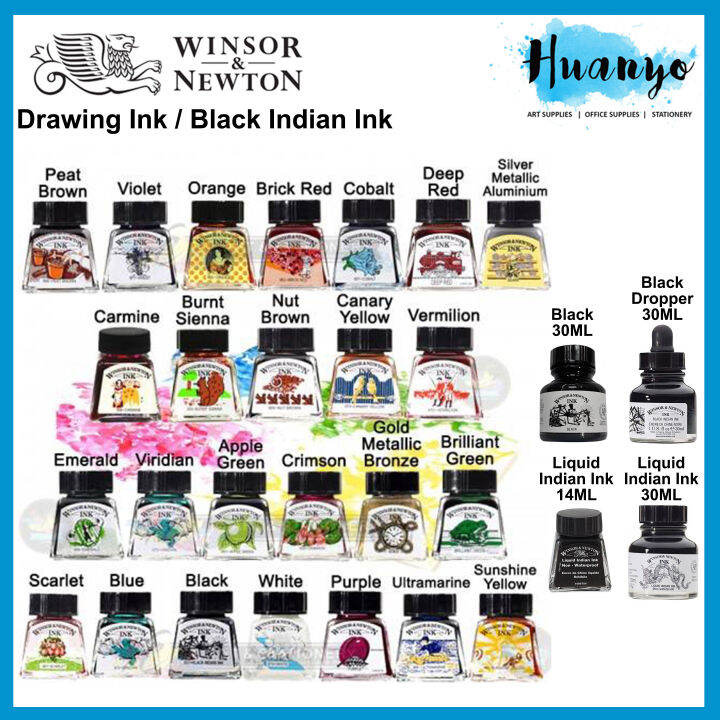 Winsor & Newton Drawing Ink / Liquid Indian Ink - Black / Colour (14 ...
