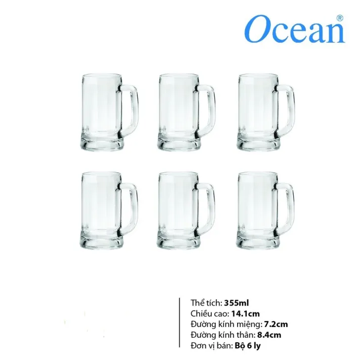 CHÍNH HÃNG - Bộ 6 Ly bia thủy tinh có quai Ocean Munich Beer Mug 355ml, cốc thuỷ tinh uống bia ...