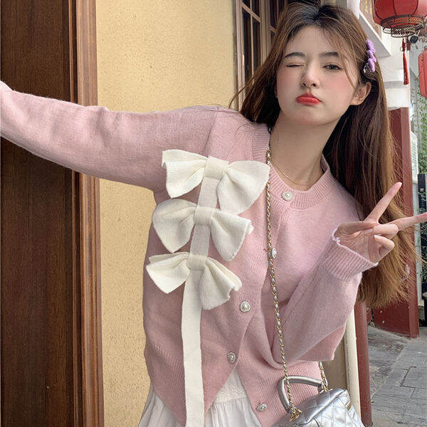 Coconie เสื้อสเวตเตอร์ผู้หญิงคอกลมมีโบว์สไตล์เกาหลีแบบใหม่เสื้อถักทรง ...
