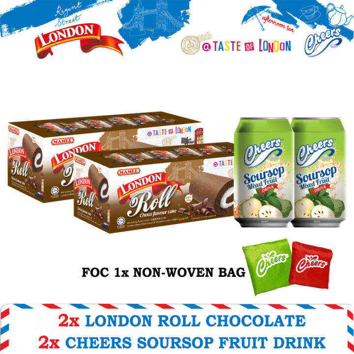 Mamee London Roll 2x 24 pcs (Chocolate) + Cheers Drink Soursop 2x 300ml ...