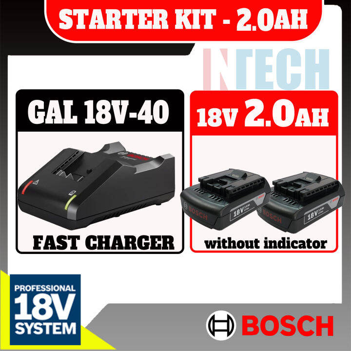BOSCH STARTER KIT C/W GAL18V-40 FAST CHARGER + 2 NOS 18V 2.0AH BATTERY ...