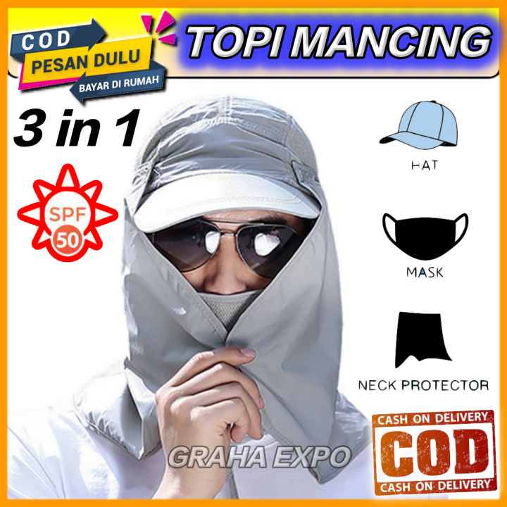 Topi Mancing 3 in 1 Fishing Hat Anti Matahari UV A dan UV B Sun ...
