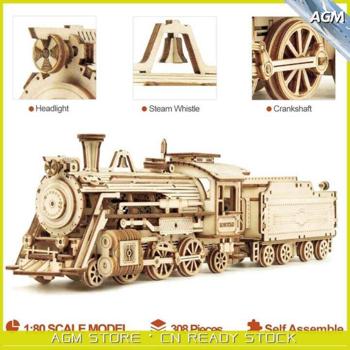 Kids puzzle box DIY wooden building kit steam train mechanical model 3D wooden puzzle | Lazada.co.th