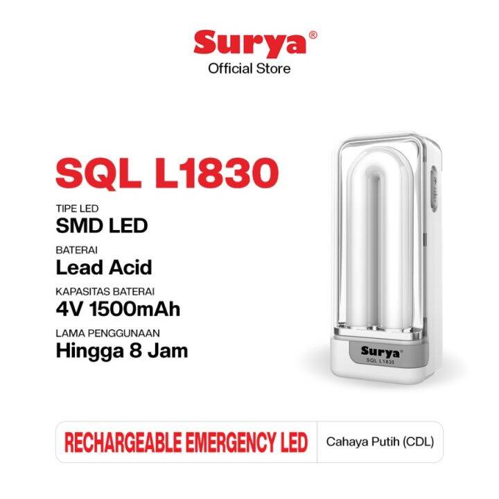 Surya Lampu Emergency SQL L1830 Light LED 18 SMD Rechargeable Tahan 8 ...