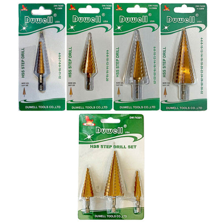 Duwell HSS Step Drill Bit 4-12mm, 4-20mm, 4-32mm, 6-25mm or 3-pc Set ...