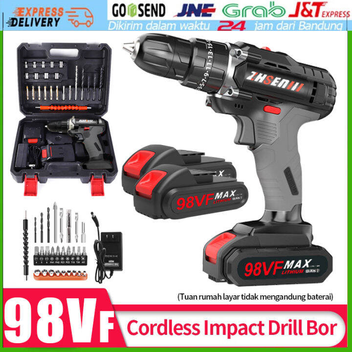 Bor Listrik Bor Tanpa kabel 98V Set Lengkap Mata Bor Cordless Drill ...