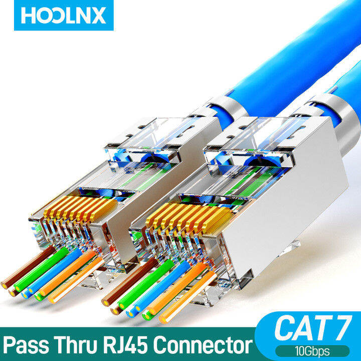 Hoolnx CAT7 RJ45 Pass Through Connectors 3 Prong CAT6A 50U Gold Plated ...