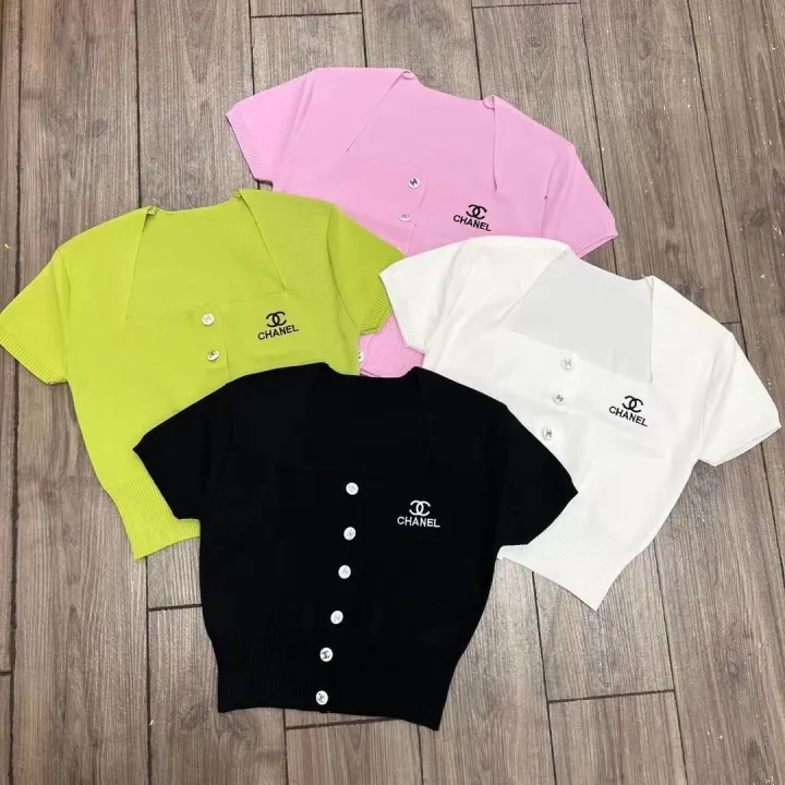 Chanels 2022ฤดูร้อนใหม่ผลิตภัณฑ์ตัวอักษรปักถัก Cardigan สแควร์คอสั้นผู้หญิงด้านบนแฟชั่น YH302พูด ...