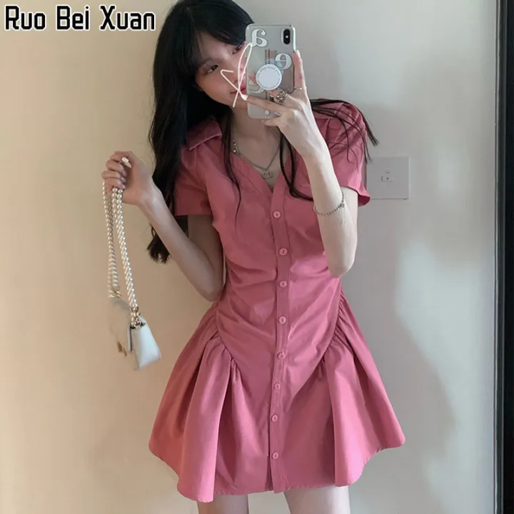 Ruo Bei Xuan ชุดสำหรับผู้หญิงเอวใหม่อารมณ์เล็กชุดสีชมพูหวานและเผ็ด ...