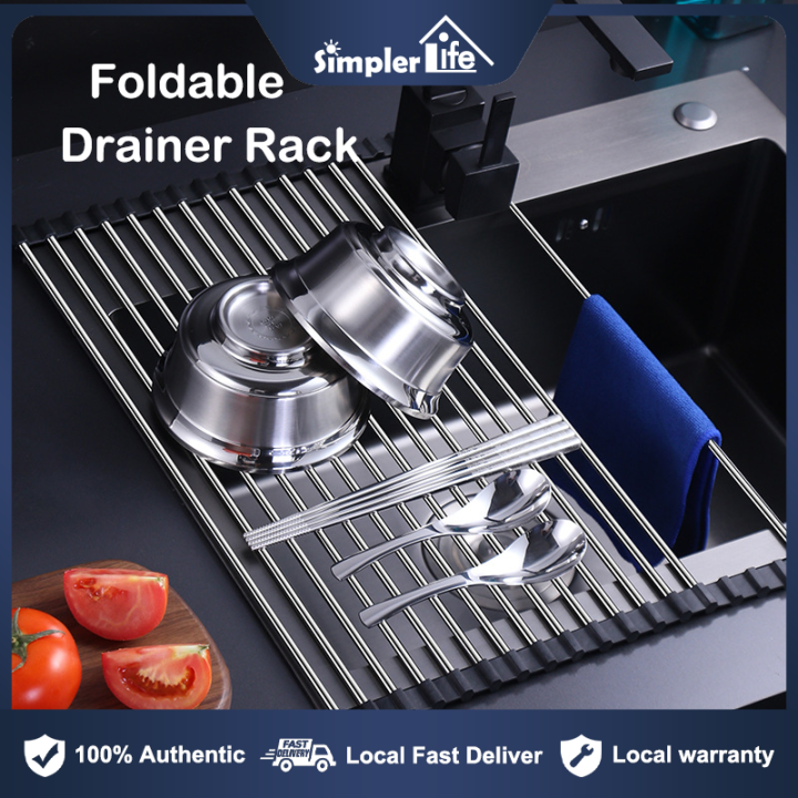 Kitchen Drain Rack Roll-up Over the Sink Dish Drying Rack Stainless ...