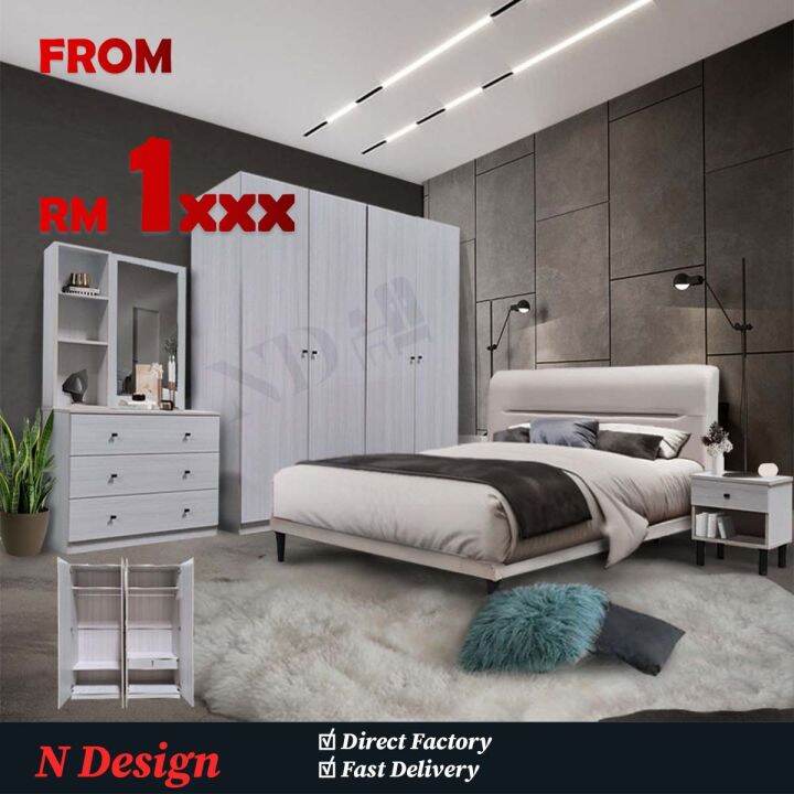 [N Design] Bedroom Set / 4 Doors Wardrobe / Bedframe Queen/ Bedside ...
