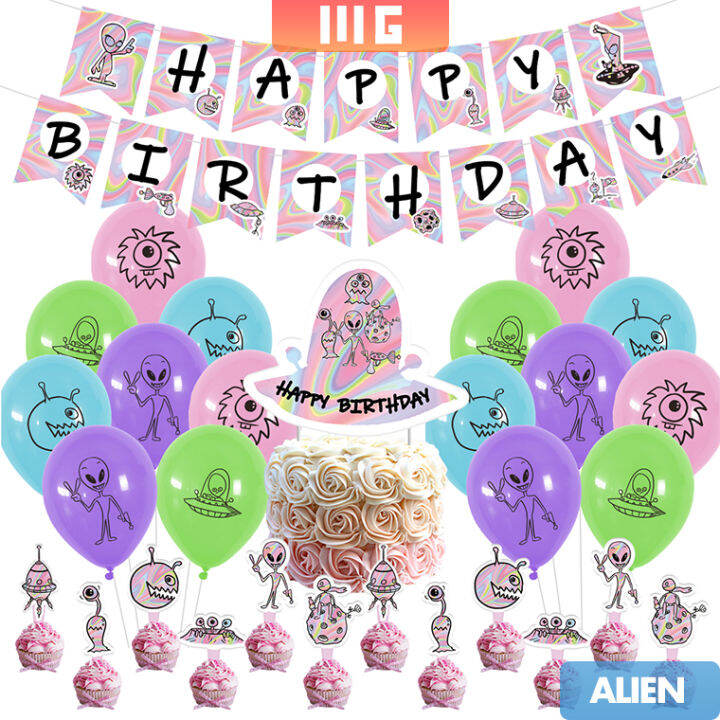 Alien theme happy birthday decoration set banner cake toppers printing ...