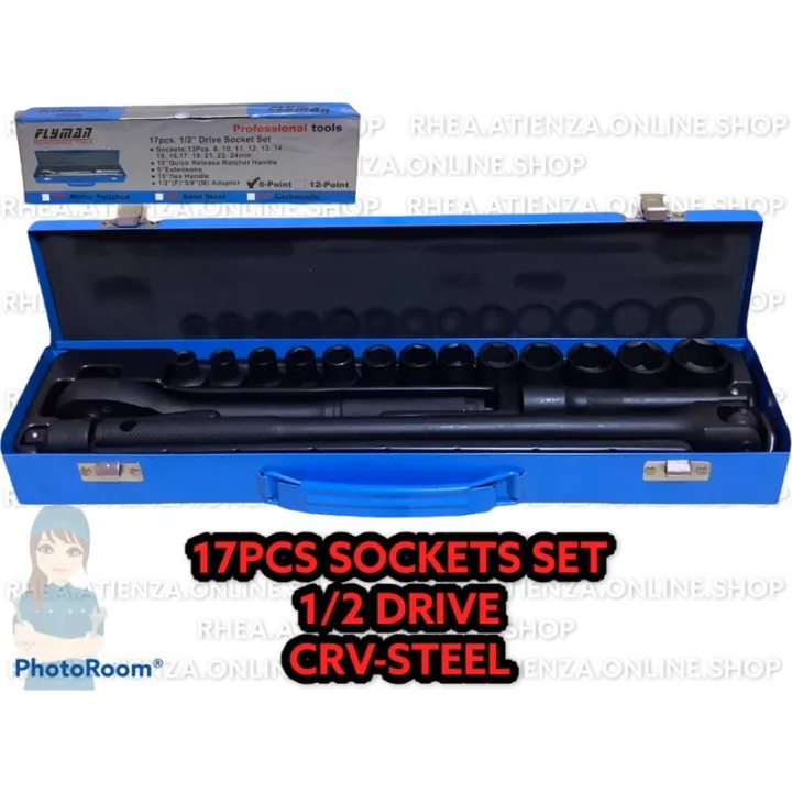 Flyman 17pcs Socket Set 12 Drive CRv-Steel Black Carbonado Finish ...