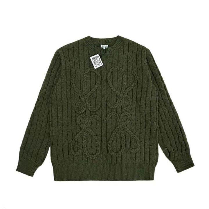 Loewe Loewe/Luo Yiwei เสื้อแขนยาวคอกลมสีเขียวมะกอกเย็นทอแบบบิดสวยงาม ...