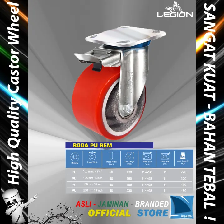 Roda Lori 6" inch / 150 mm Rem Multi Arah Besi - PU Caster Troli ...