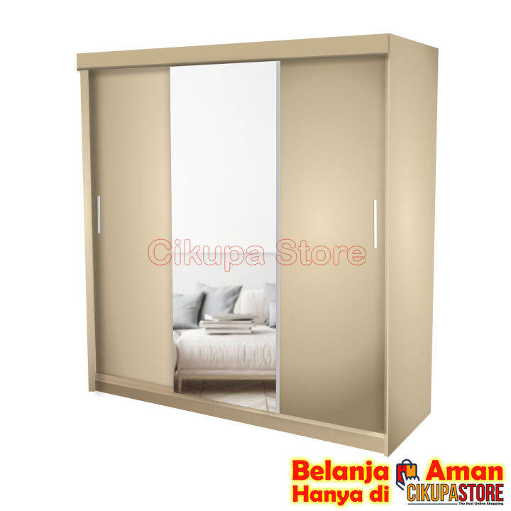 Lemari Pakaian 3 Pintu Sliding LS341-1CT + Kaca - Cream Motif Kayu | Lazada Indonesia