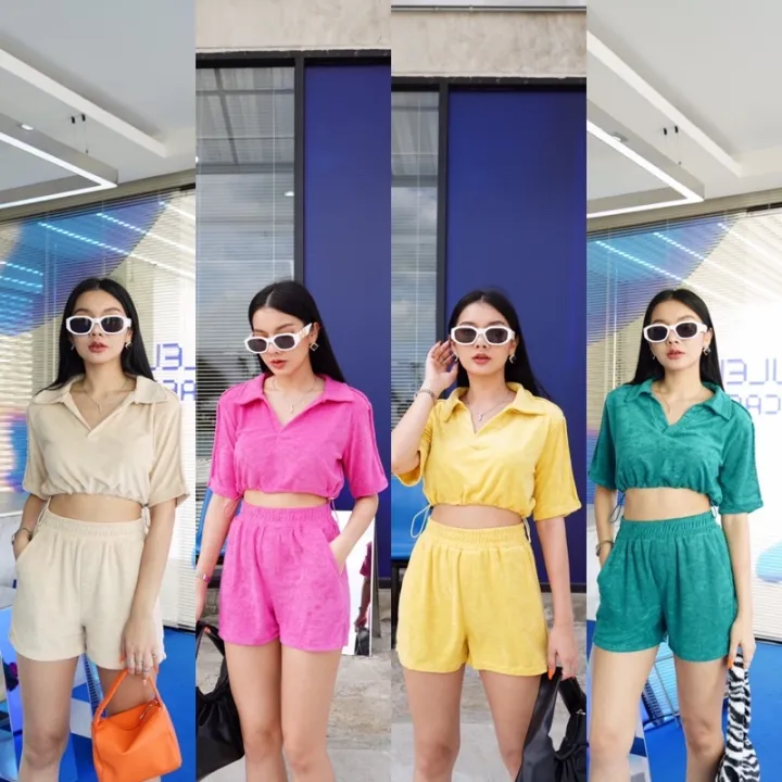 Mutedtone.bkk - Milo setชุดเซตผ้าเทอรี่ เสื้อครอปคอปก กางเกงขาสั้นไปทะเล ชุดไปทะเล | Lazada.co.th