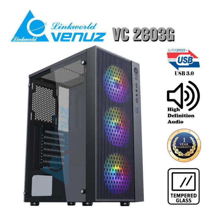 VENUZ ATX Tempered Glass Gaming Case VC2803G with Rainbow RGB Fan x 3 ...
