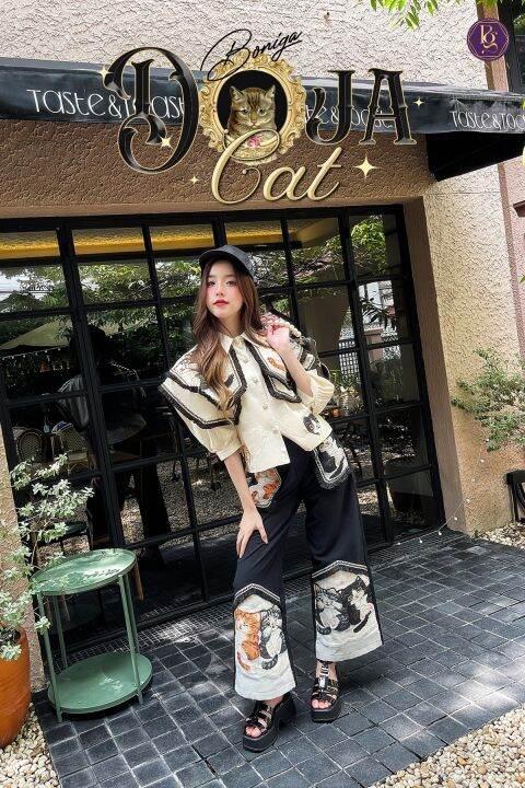 Boniga B084 สีดำ ชุดเข้าเซ็ต Doja Cat ชุดเข้าเซ็ต2ชิ้น เสื้อเเขนสั้นผ้า ...