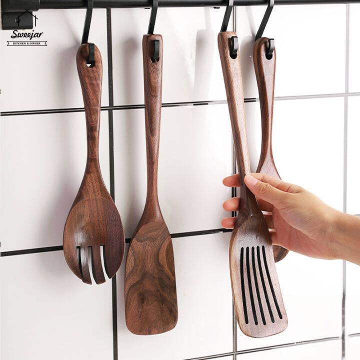 SWEEJAR Wooden Spatula Colander Leaky Spatula Soup Spoon Black Walnut ...