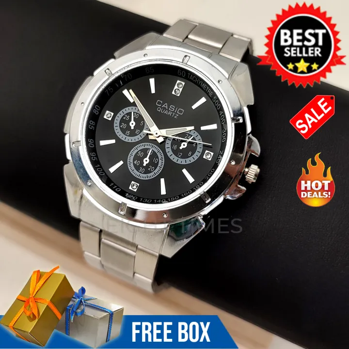 Casio Quartz Chronograph Silver Black Dial Stainless Steel Watch for ...