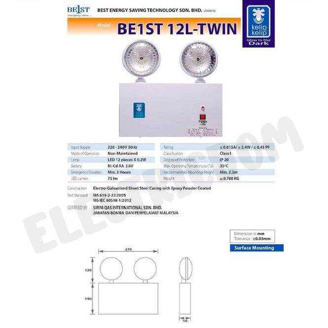 KELIP KELIP TWIN HEAD EMERGENCY LIGHT SPOT / LED LAMPU KECEMASAN / BE1ST 12L-TWIN / (Sirim Bomba ...
