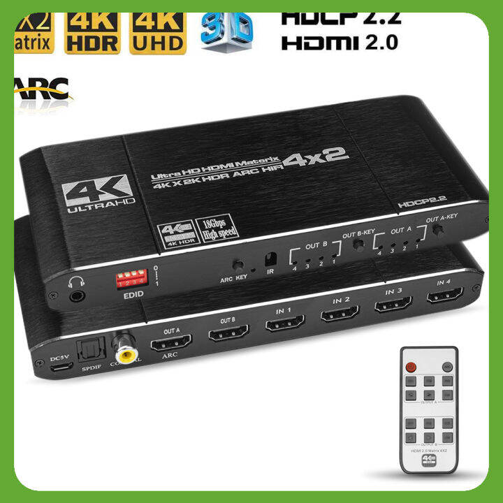 HDMI 2.0เมตริกซ์สวิทซ์แยก4X2 4K60Hz HDR ARC HIFI เครื่องแยกสัญญาณเสียง4 ...
