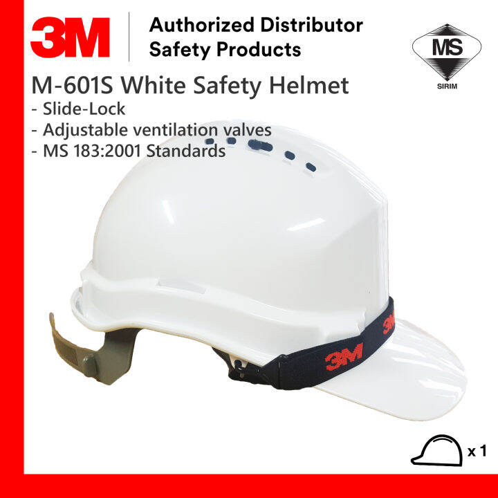 3M M-601S White / Yellow Colour Slide-Lock Safety Helmet/ Hard Hat/ 6-Point Suspension/ Chin ...